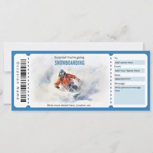 Surprise Snowboarding Ticket Voucher Template | Zazzle