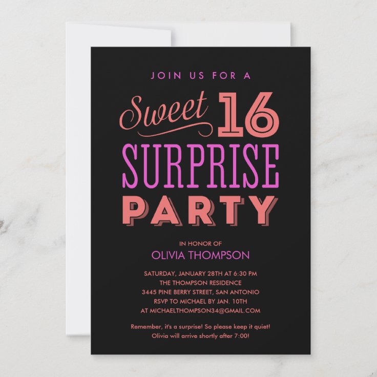 Surprise Sweet 16 Invitations | Zazzle