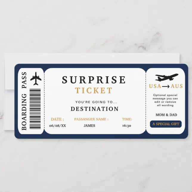 Surprise Trip Ticket Plane Travel Boarding Pass Invitation | Zazzle