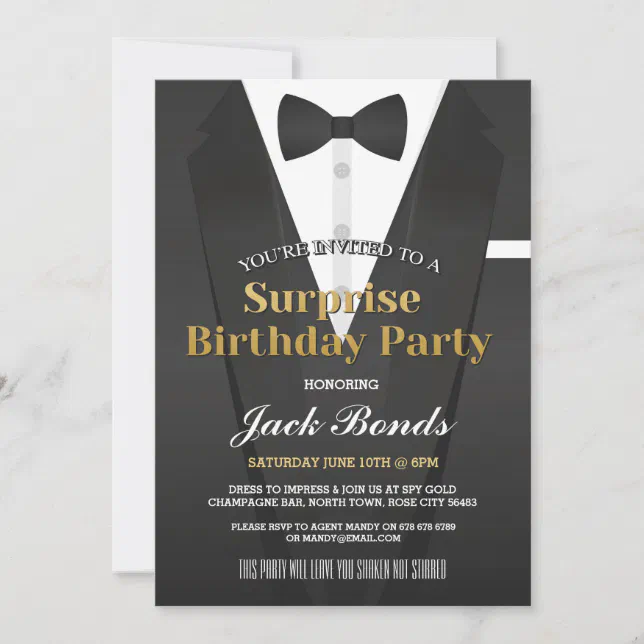 Surprise Tuxedo Black Tie Event Birthday Agent Invitation | Zazzle