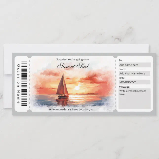 Surprise Watercolor Sunset Sailing Ticket Template | Zazzle