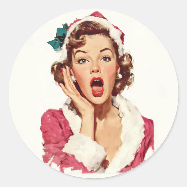 Surprised Retro Christmas Pin-Up Classic Round Sticker | Zazzle
