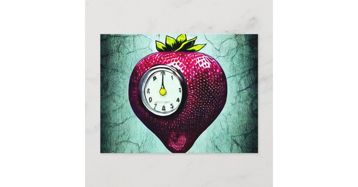 Surreal Clock Strawberry Postcard | Zazzle