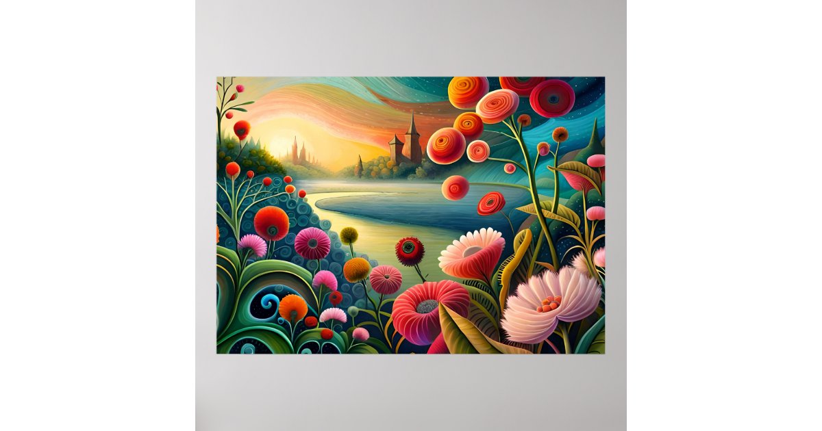 Surreal Floral Landscape: Abstract River and Tower Poster | Zazzle