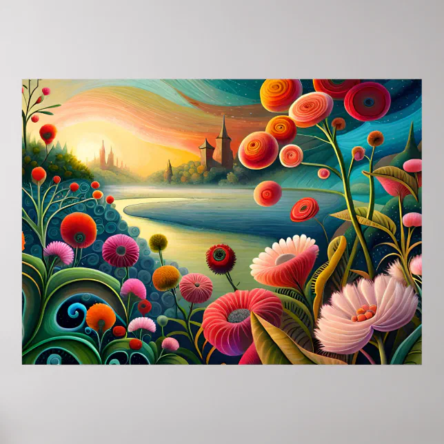 Surreal Floral Landscape: Abstract River and Tower Poster | Zazzle