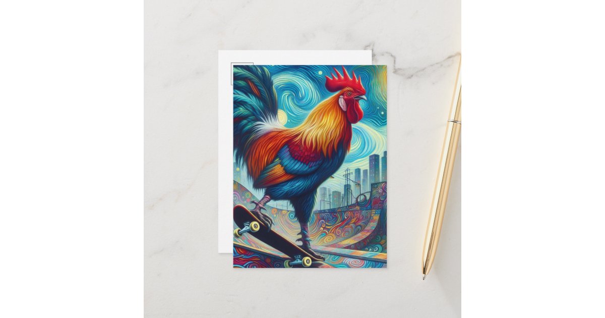Surreal Skateboarding Rooster Postcard | Zazzle
