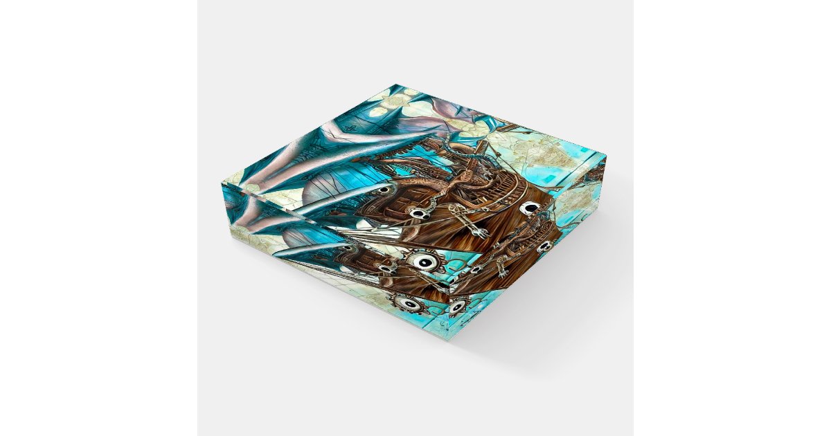 Surreal Teal Pirate Ship Paperweight | Zazzle