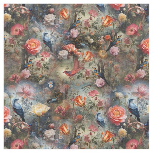 Surrealist Art with Flowers & Birds Fabric | Zazzle