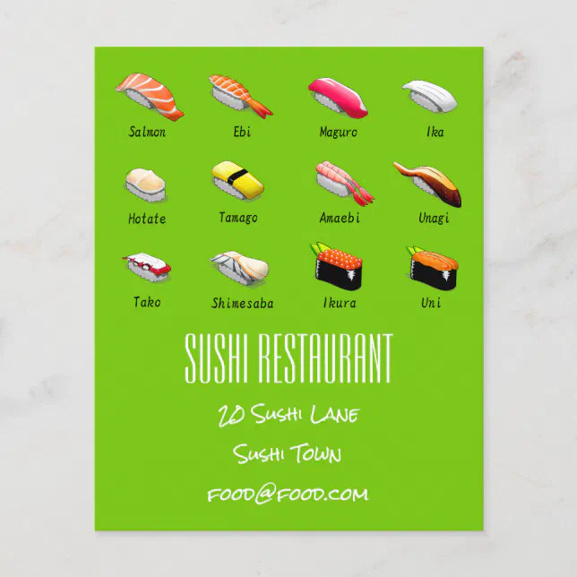 Sushi Chart Japanese modern food restaurant Flyer | Zazzle
