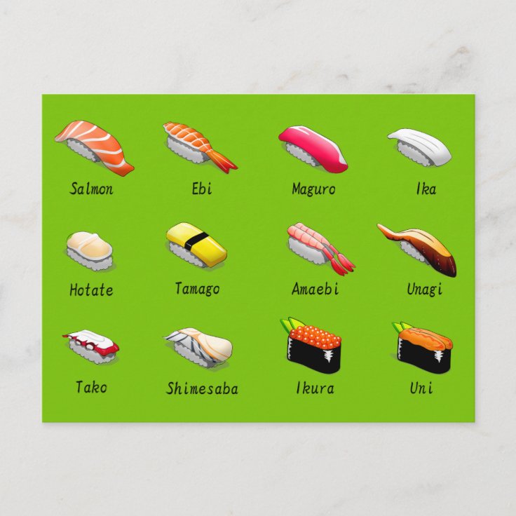 Sushi chart types of cute Japanese sushi food Postcard | Zazzle