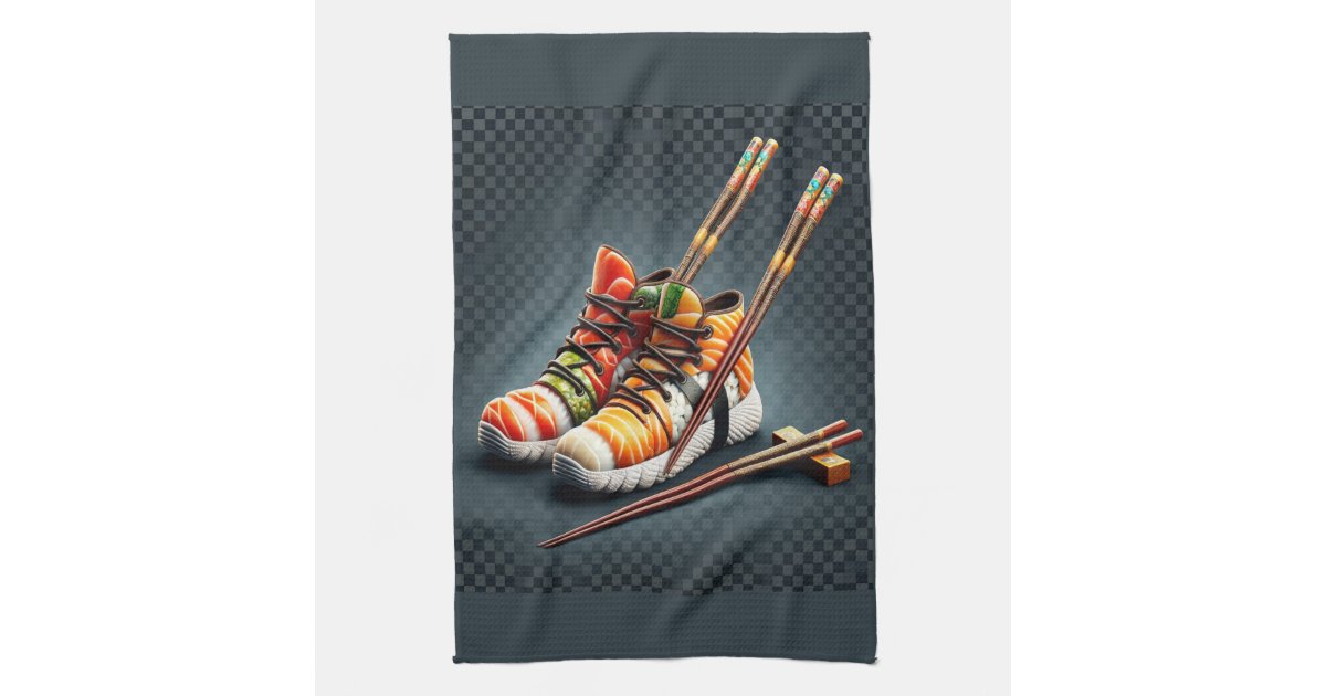 Sushi Sneakers with Chopsticks Humor Kitchen Towel | Zazzle