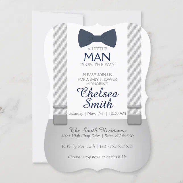 Suspender, Bow tie, Baby Shower Invitation | Zazzle