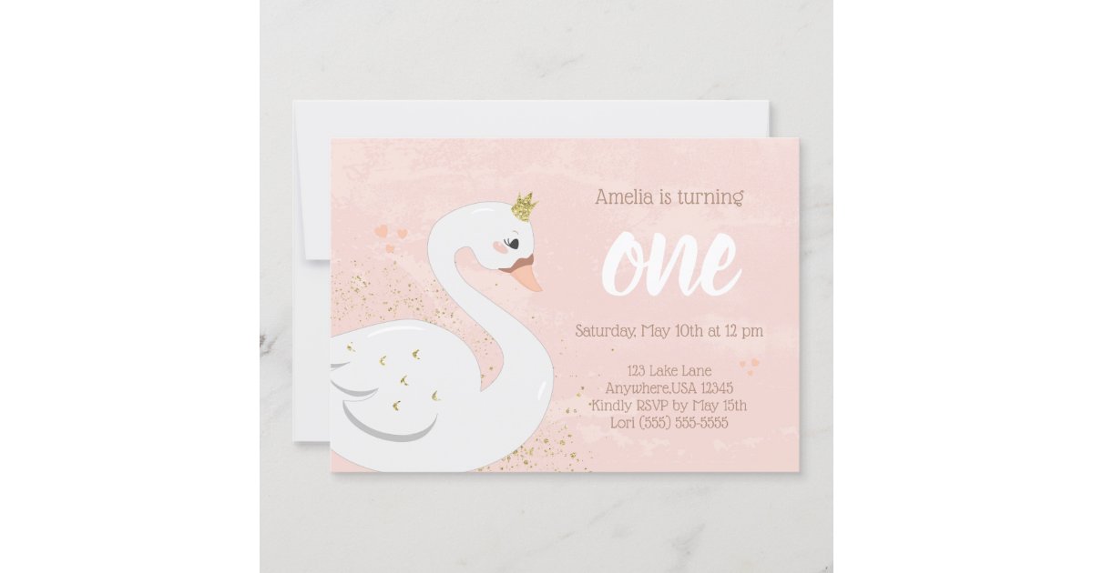 Swan Birthday Party Invitation | Pink and Gold | Zazzle