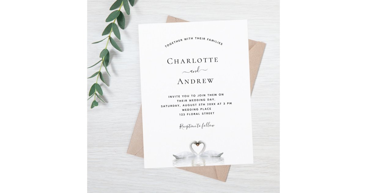 Swan couple in love white wedding invitation postcard | Zazzle