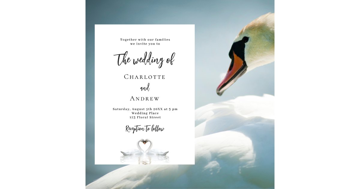 Swan couple white wedding invitation postcard | Zazzle