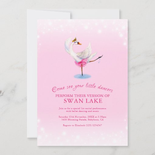 Swan lake pink ballet dancing recital event invitation | Zazzle