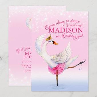Swan on lake ballet 2nd birthday pink invitation | Zazzle