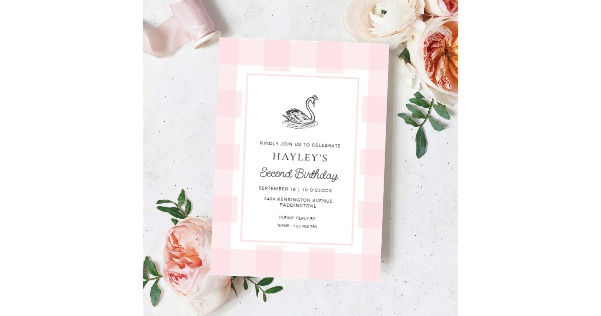 Swan Pink Gingham Birthday Invitation | Zazzle