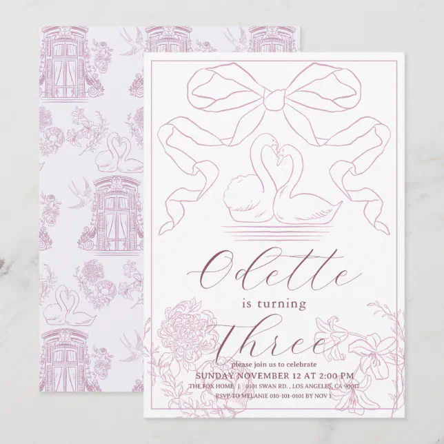 Swan Pink Toile de Jouy Girl Birthday Invitation | Zazzle