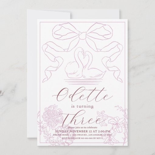 Swan Pink Toile de Jouy Girl Birthday Invitation | Zazzle