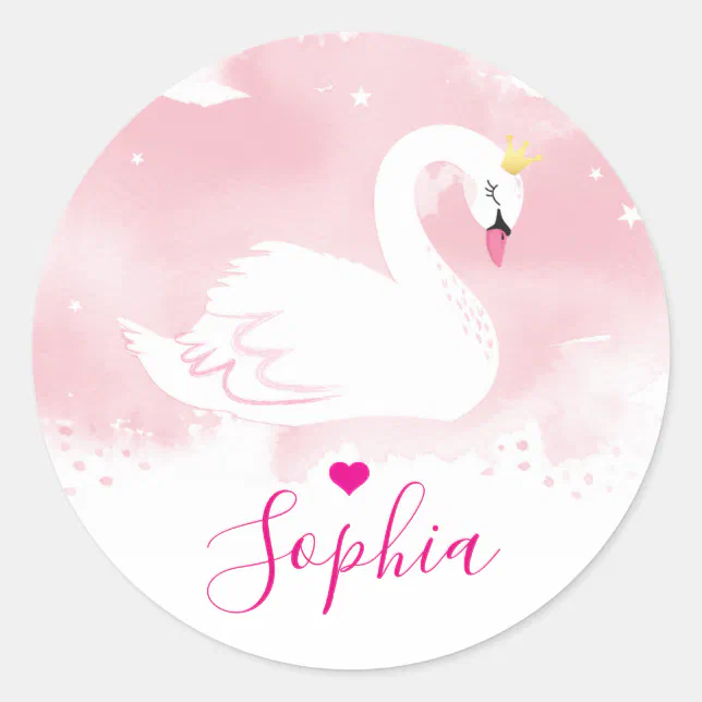 SWAN PRINCESS birthday party elegant pretty pink Classic Round Sticker ...