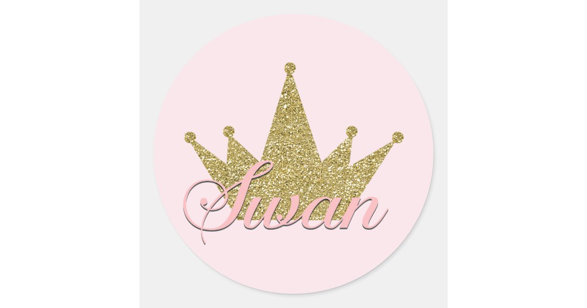 Swan Princess Gold Glitter Crown Birthday Party Classic Round Sticker ...