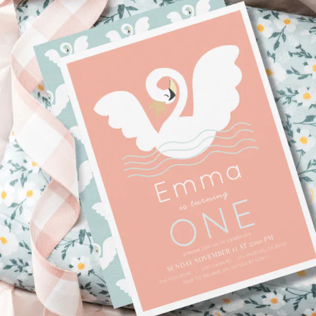 Swan Princess Pink Modern Girl 1st Birthday Invitation | Zazzle