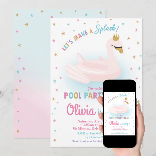Swan Princess Pool Party Birthday Girl Floatie Invitation | Zazzle
