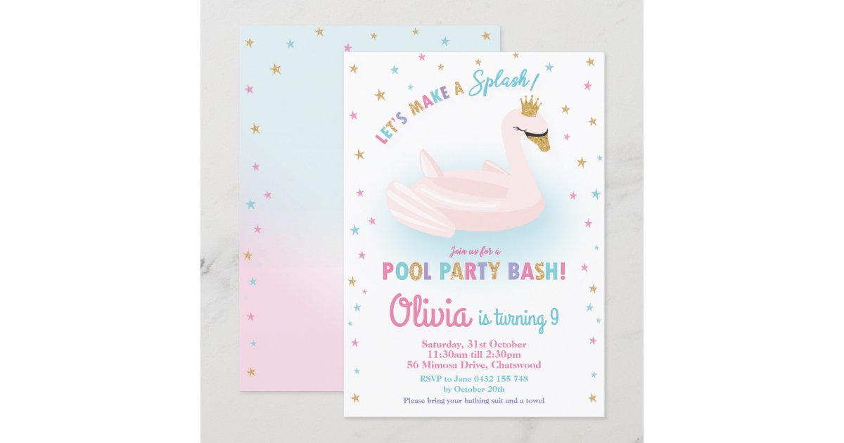 Swan Princess Pool Party Birthday Girl Floatie Invitation | Zazzle