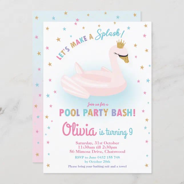 Swan Princess Pool Party Birthday Girl Floatie Invitation | Zazzle