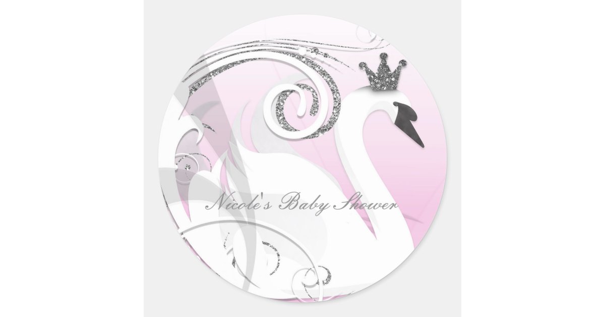 Swan Princess Silver White Pink Baby Shower Favor Classic Round Sticker ...