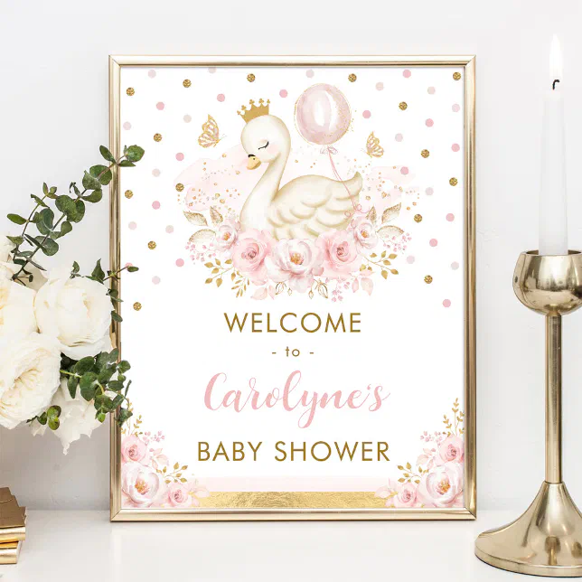 Swan Princess with Pink Balloon Welcome Baby Girl Poster | Zazzle