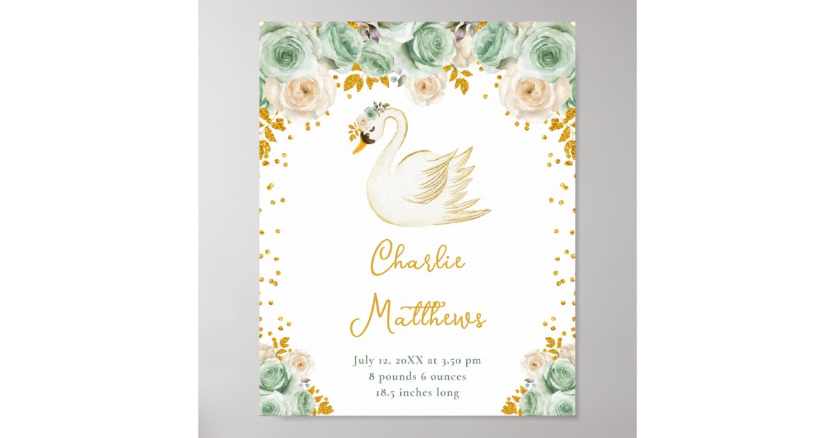 Swan Sage Green and Gold Roses Birth Statistics Poster | Zazzle