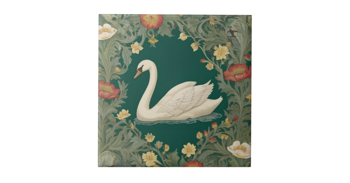 Swan William Morris style Left facing Teal Green Ceramic Tile | Zazzle