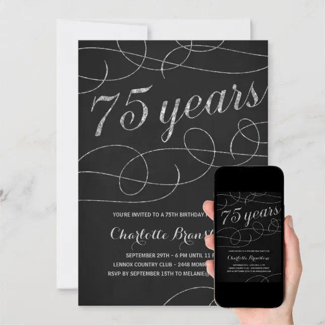 Swanky Silver 75th Birthday Party Invitation | Zazzle