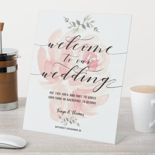 Swash Font Calligraphy Blush Pink Flower Wedding Pedestal Sign | Zazzle