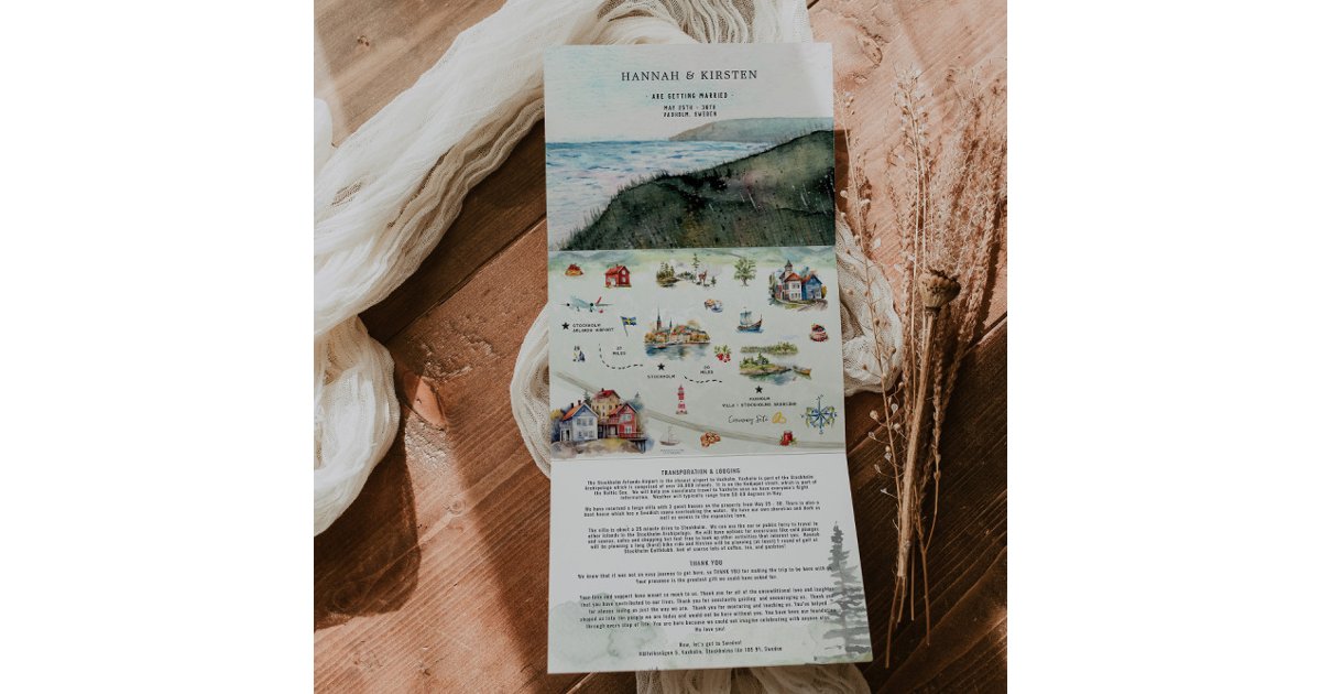 Sweden Wedding Illustrated Map Tri-Fold Invitation | Zazzle