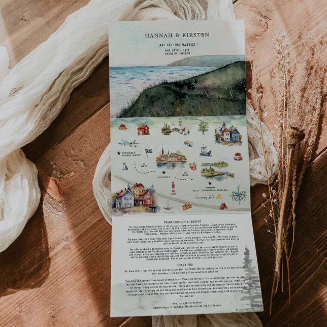 Sweden Wedding Illustrated Map Tri-Fold Invitation | Zazzle