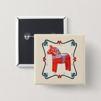 Swedish Dala Horse Folk Art Framed Pinback Button | Zazzle