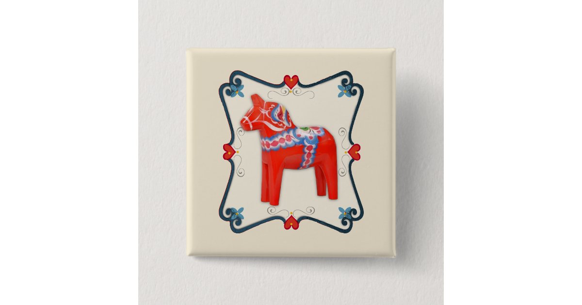 Swedish Dala Horse Folk Art Framed Pinback Button | Zazzle
