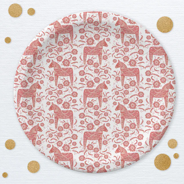 Swedish Dala Horse Red and White Paper Plates | Zazzle