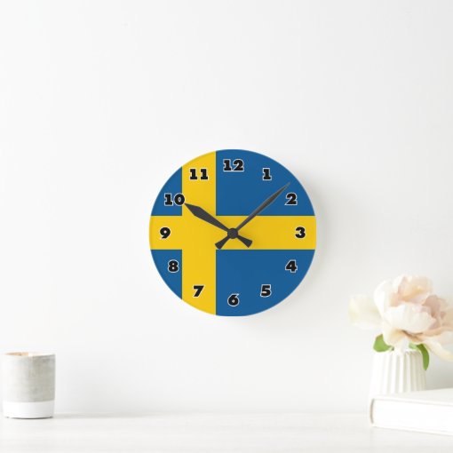 Swedish flag of Sweden custom round wall clock | Zazzle