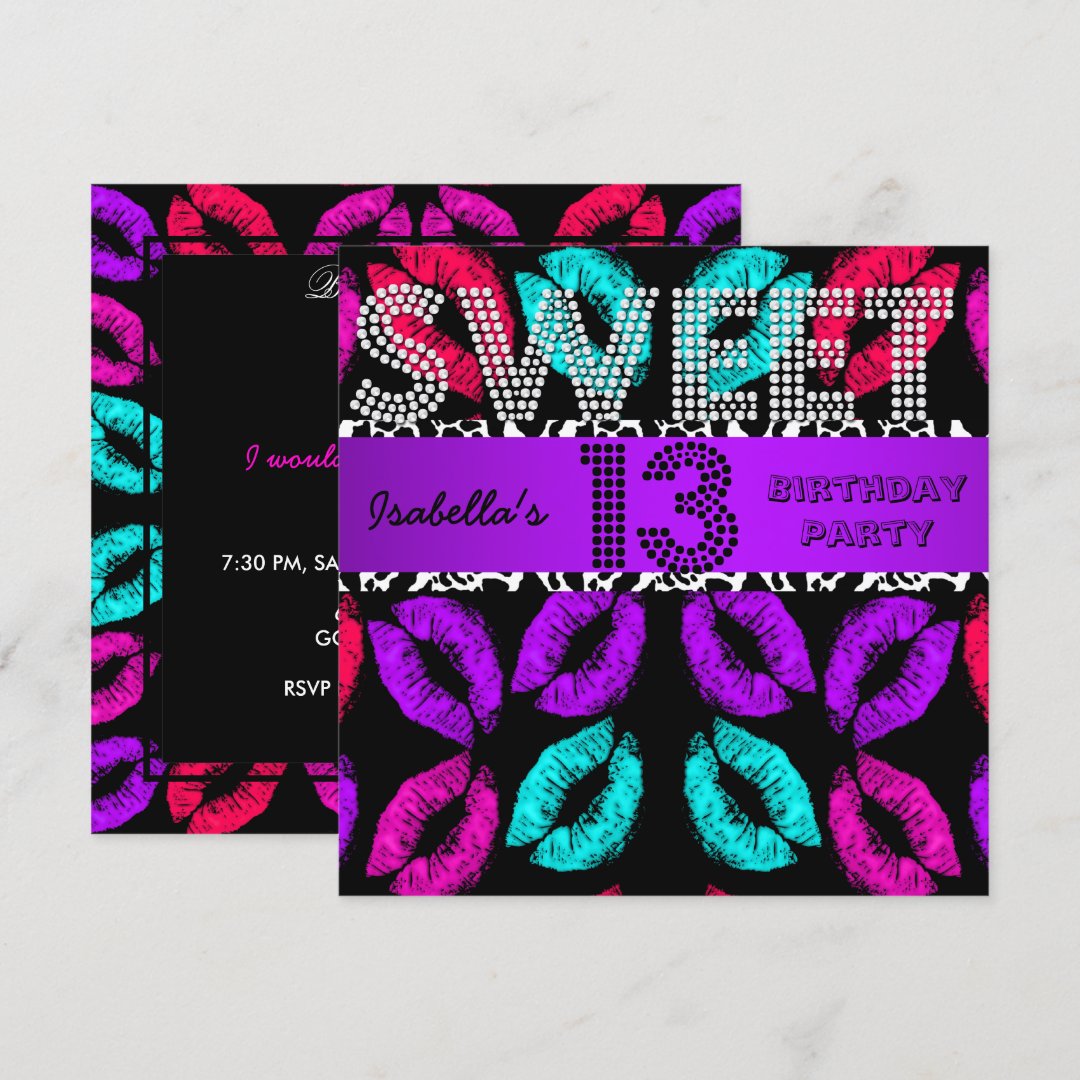 Sweet 13 13th Birthday Lips Cow Purple Black Invitation | Zazzle