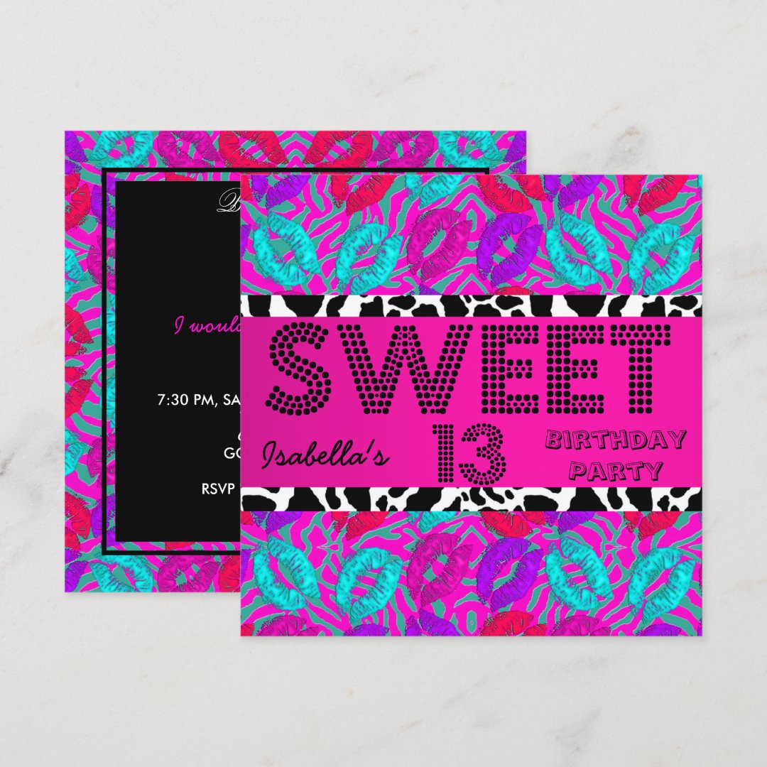 Sweet 13 13th Birthday Lips Cow Purple Pink Teal Invitation | Zazzle