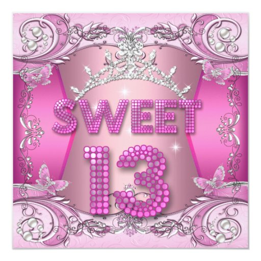 Sweet 13 13th Birthday Party Pink Silver Tiara Card | Zazzle