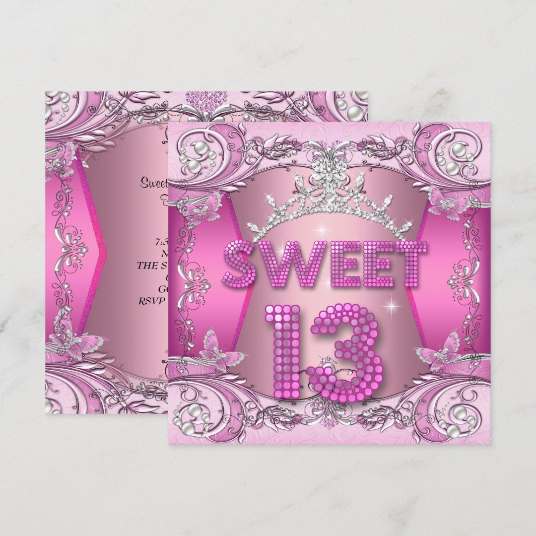 Sweet 13 13th Birthday Party Pink Silver Tiara Invitation | Zazzle