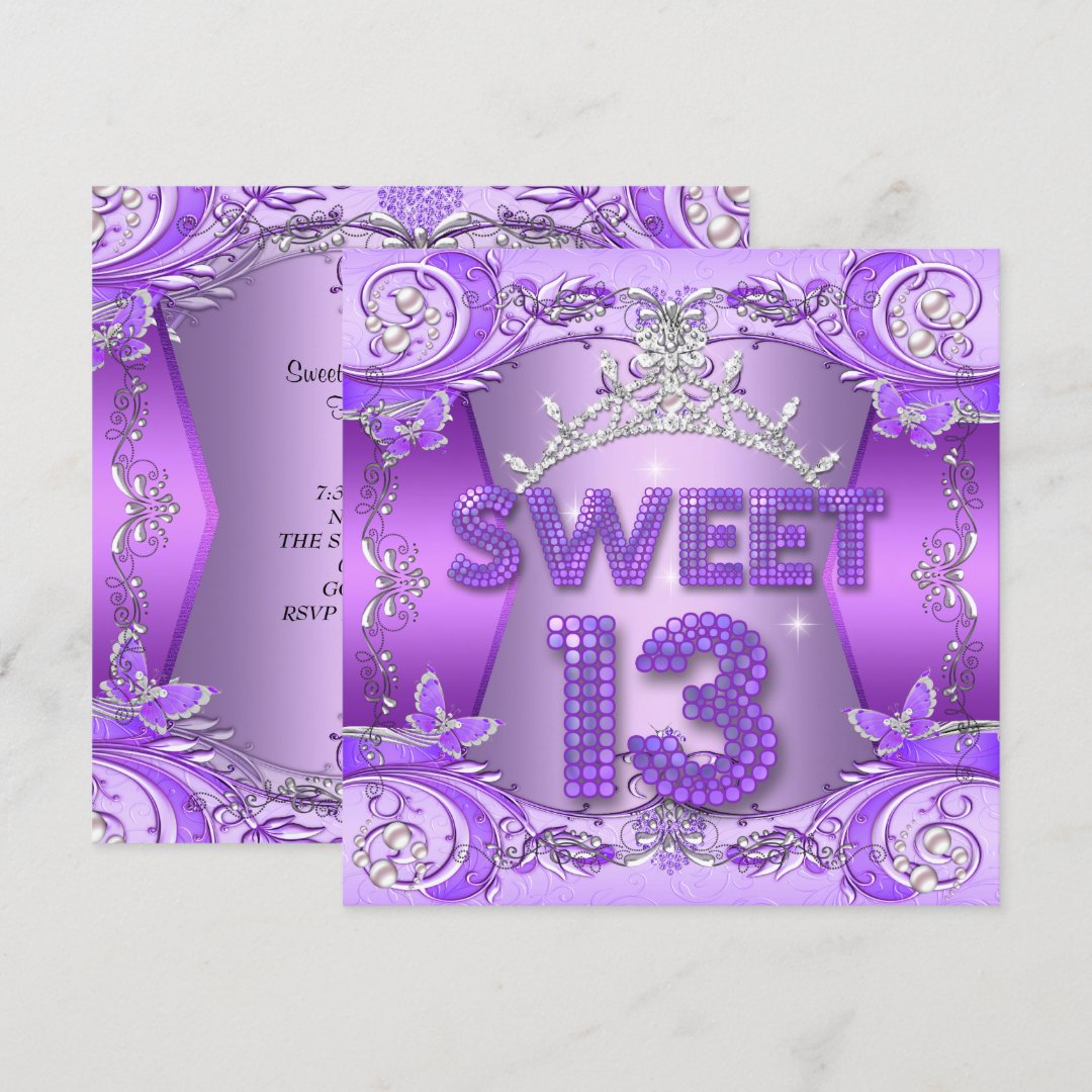 Sweet 13 13th Birthday Party Purple Silver Tiara Invitation | Zazzle
