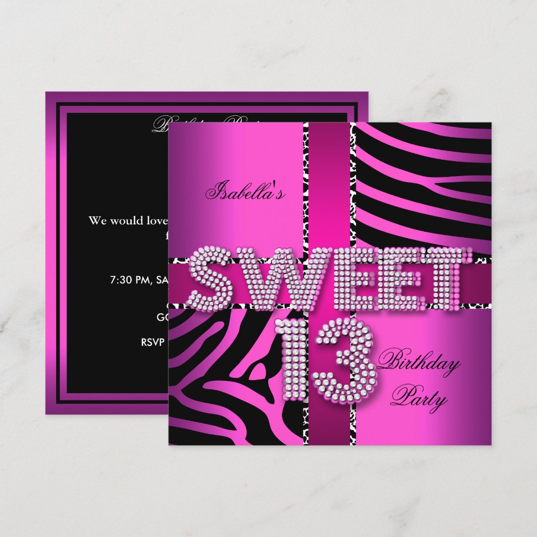 Sweet 13 13th Birthday Zebra Cow Pink Black Invitation | Zazzle