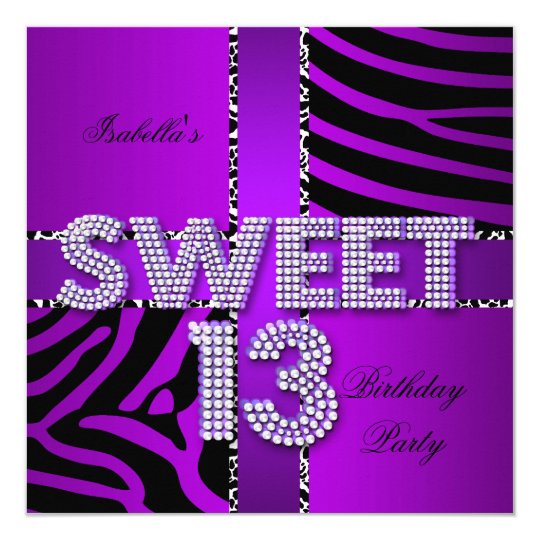 Sweet 13 13th Birthday Zebra Cow Purple Black Invitation | Zazzle.com