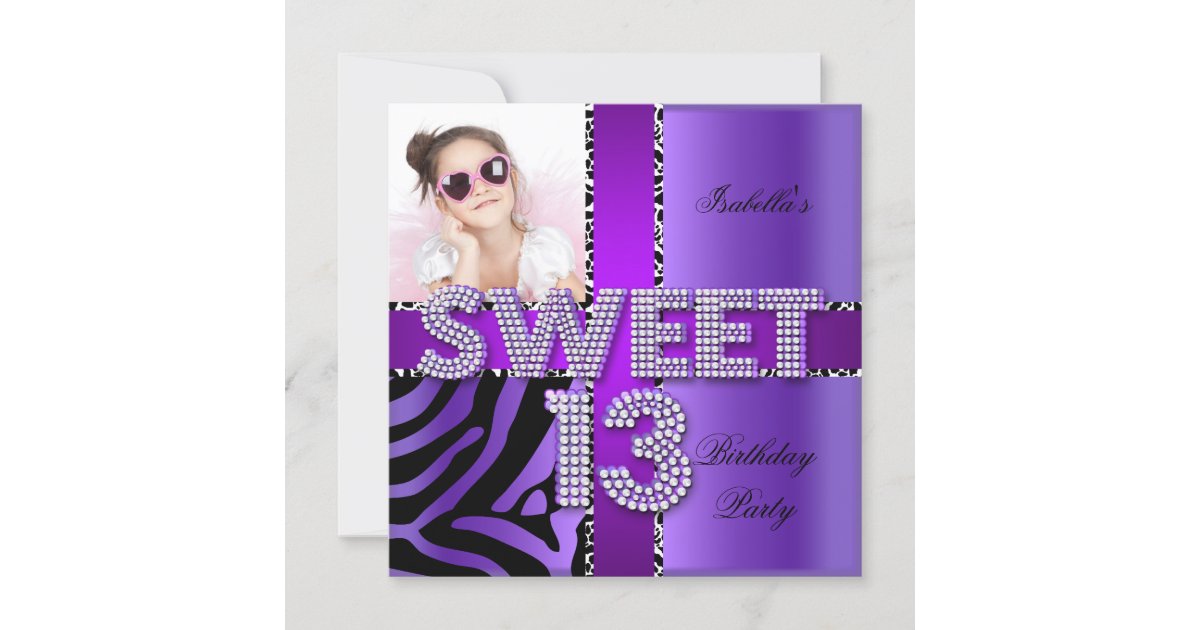 Sweet 13 13th Birthday Zebra Cow Purple Black Invitation | Zazzle